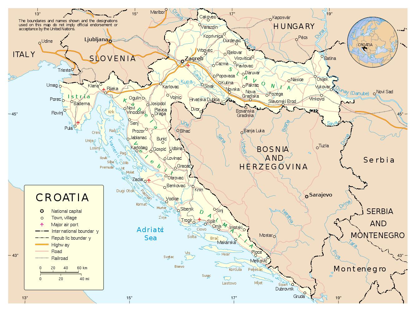 Hrvaška mesta map - Zemljevid hrvaška mesta (Južni Evropi - Evropa)